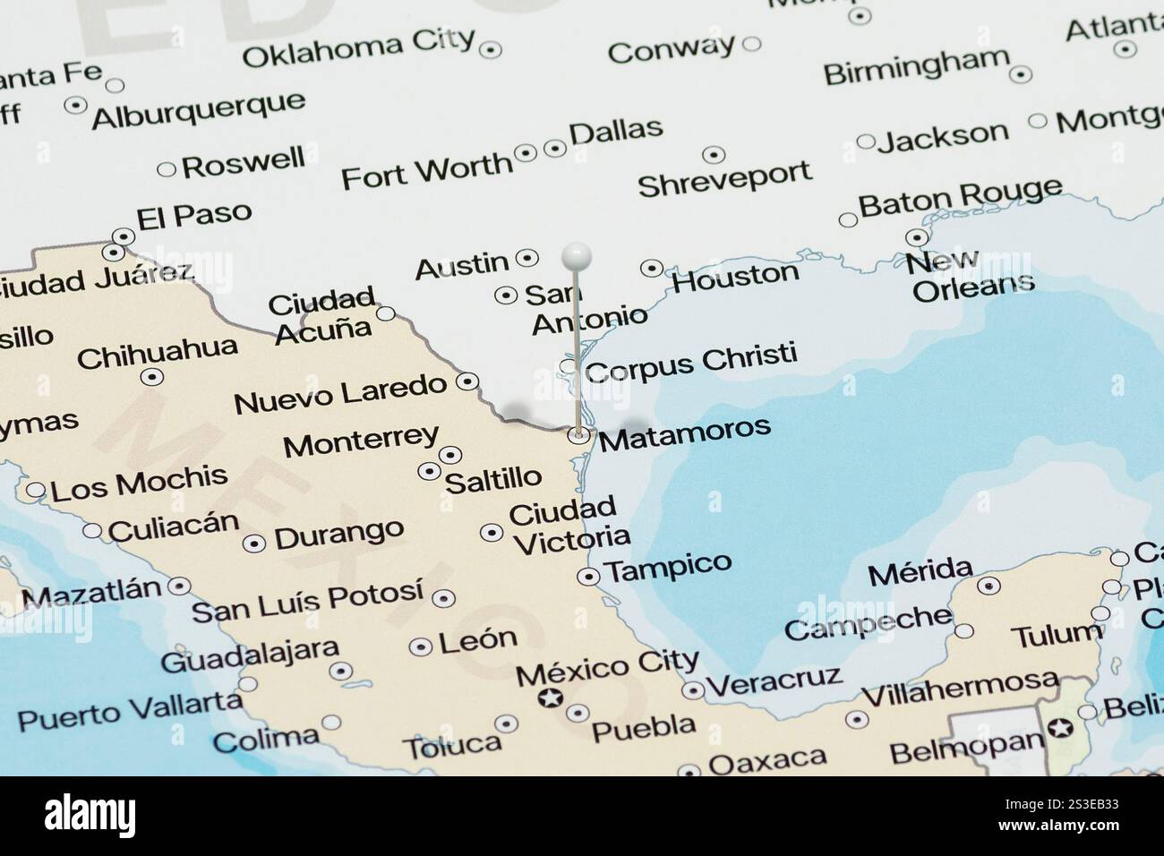 Macro photo of a white pin needle into Matamoros of Mexico political ...