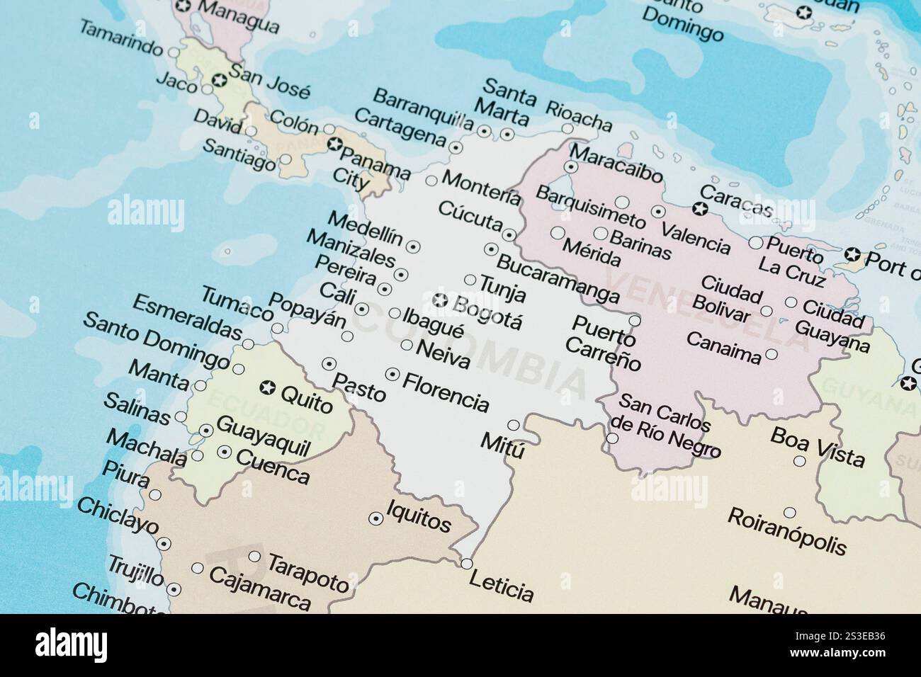 Close up to a Colombia political map with most important cities and ...