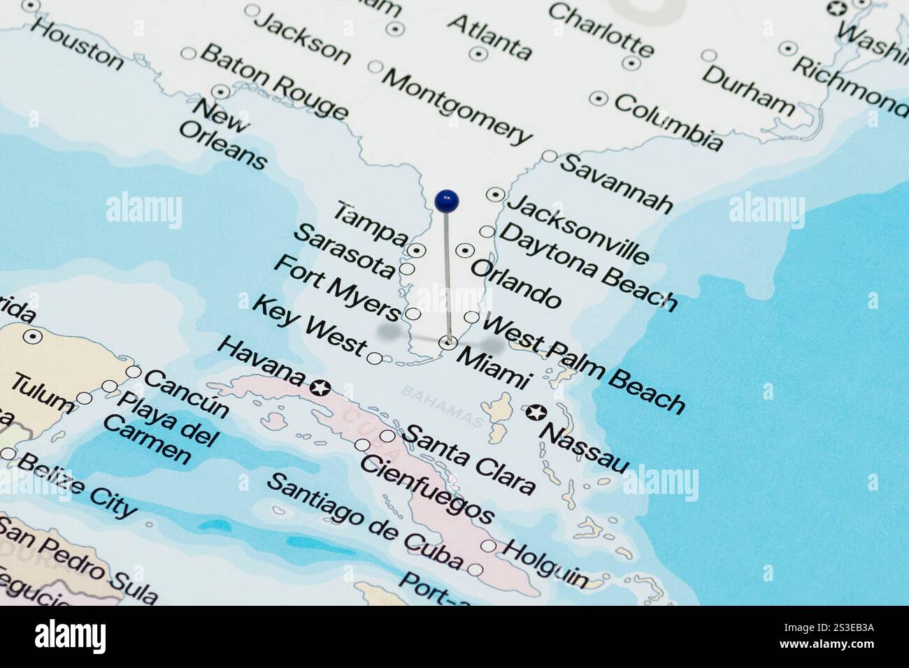 Macro photo of blue pin needle into Miami city of United States of ...