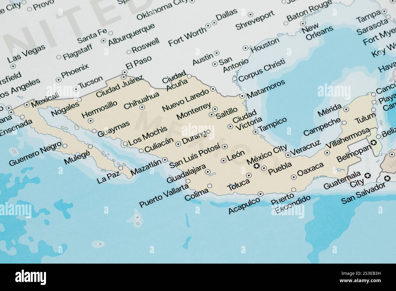 Close up to a Mexico political map with most important cities and ...