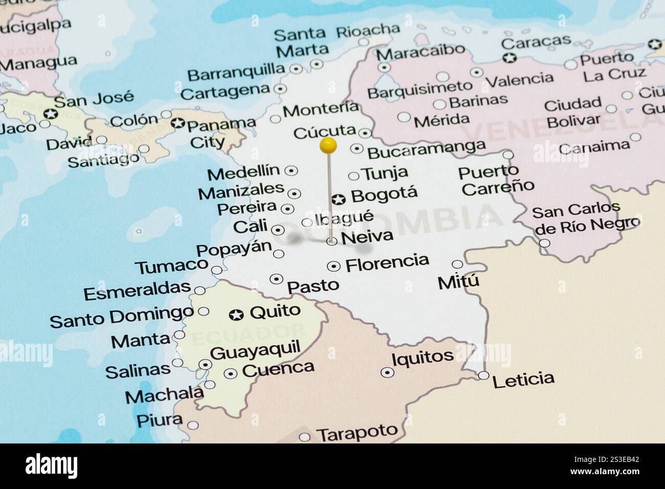 Macro photo of a yellow pin needle into Neiva city of Colombia ...