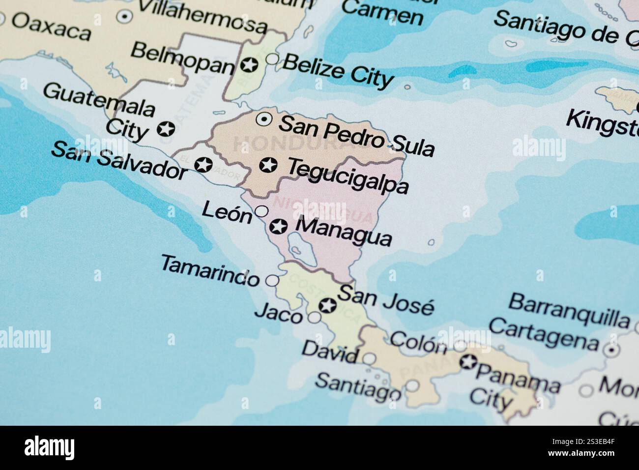 Close up to a Nicaragua political map with most important cities and ...