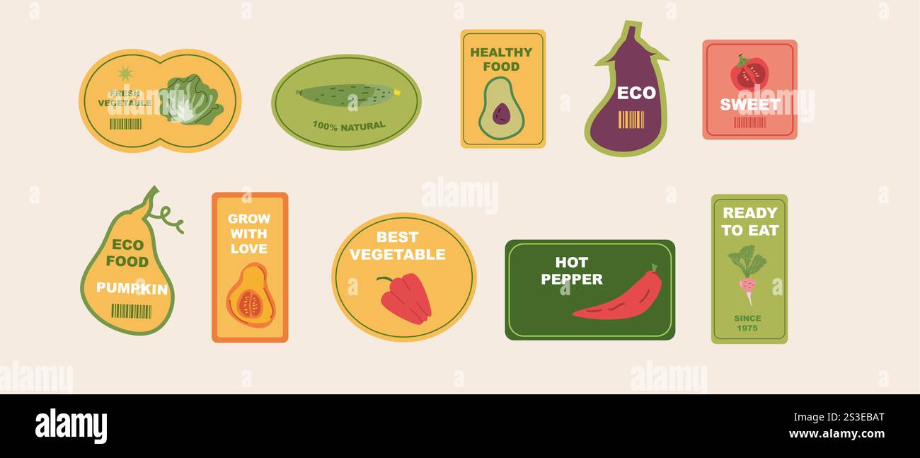 Colorful eco food labels: fresh, healthy, sustainable produce stickers ...