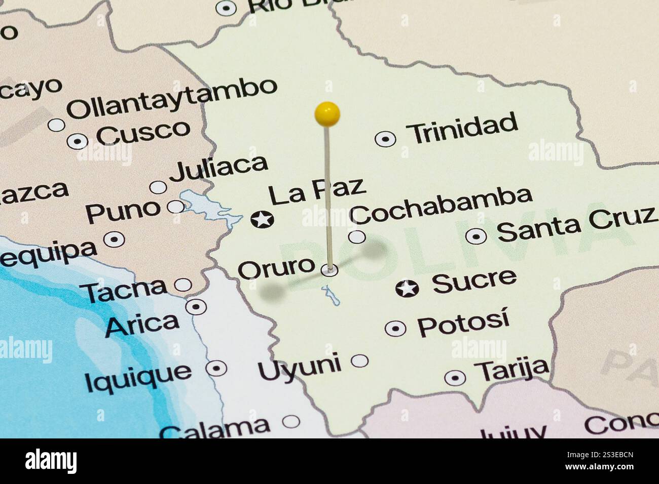 Macro photo of a green pin needle into Olinda city of Brazil political ...
