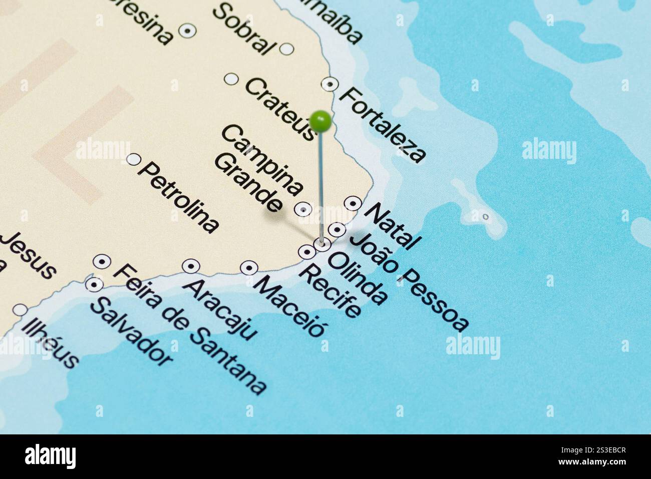 Macro photo of a green pin needle into Olinda city of Brazil political ...