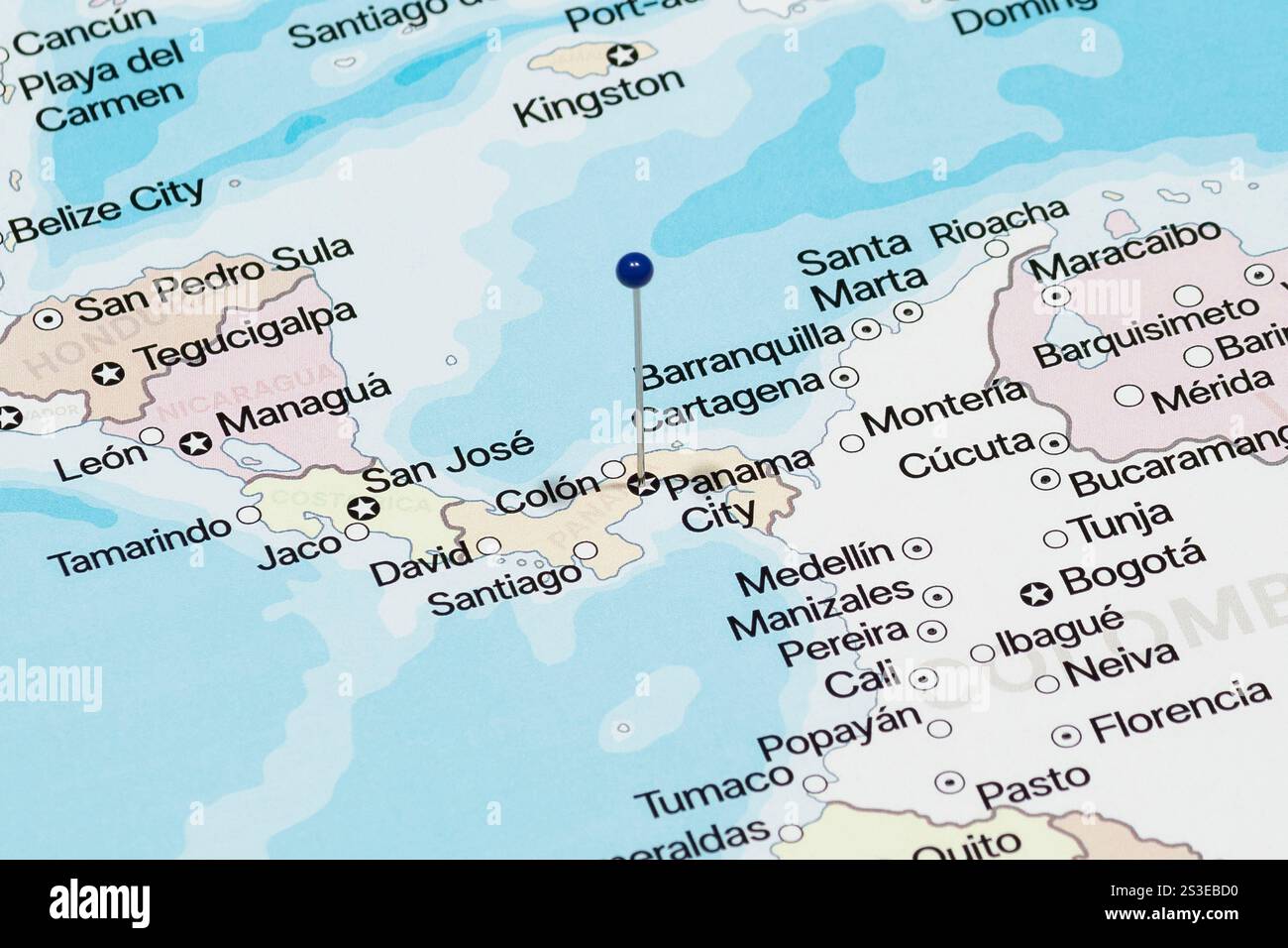 Macro photo of a blue pin needle into Panama City city of Panama ...