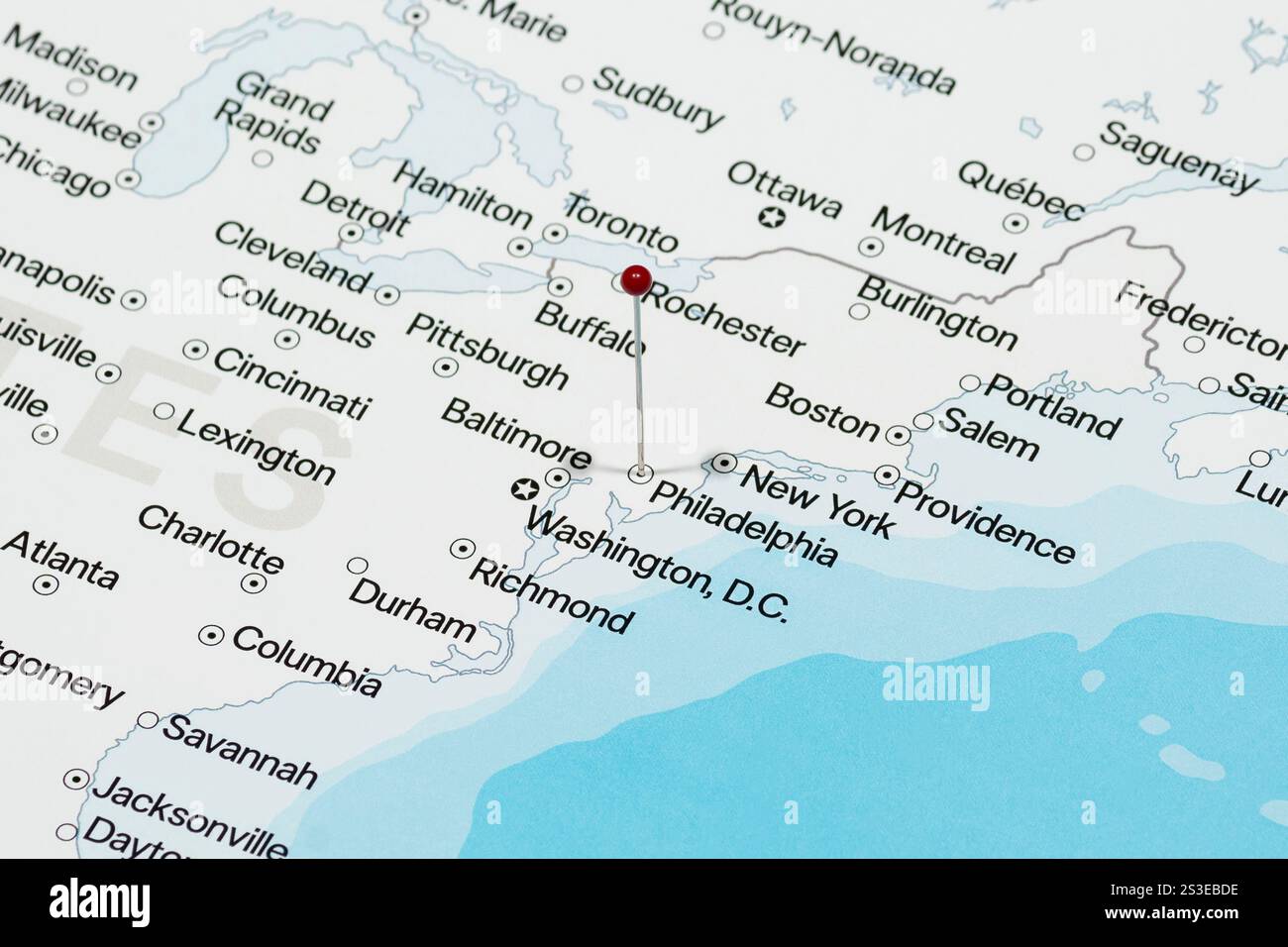 Macro photo of red pin needle into Philadelphia city of United States ...