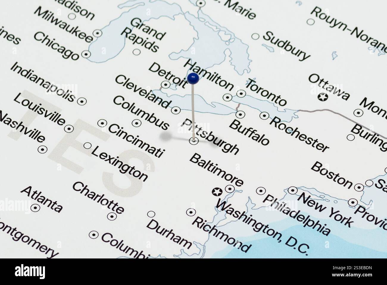 Macro photo of blue pin needle into Pittsburg city of United States of ...