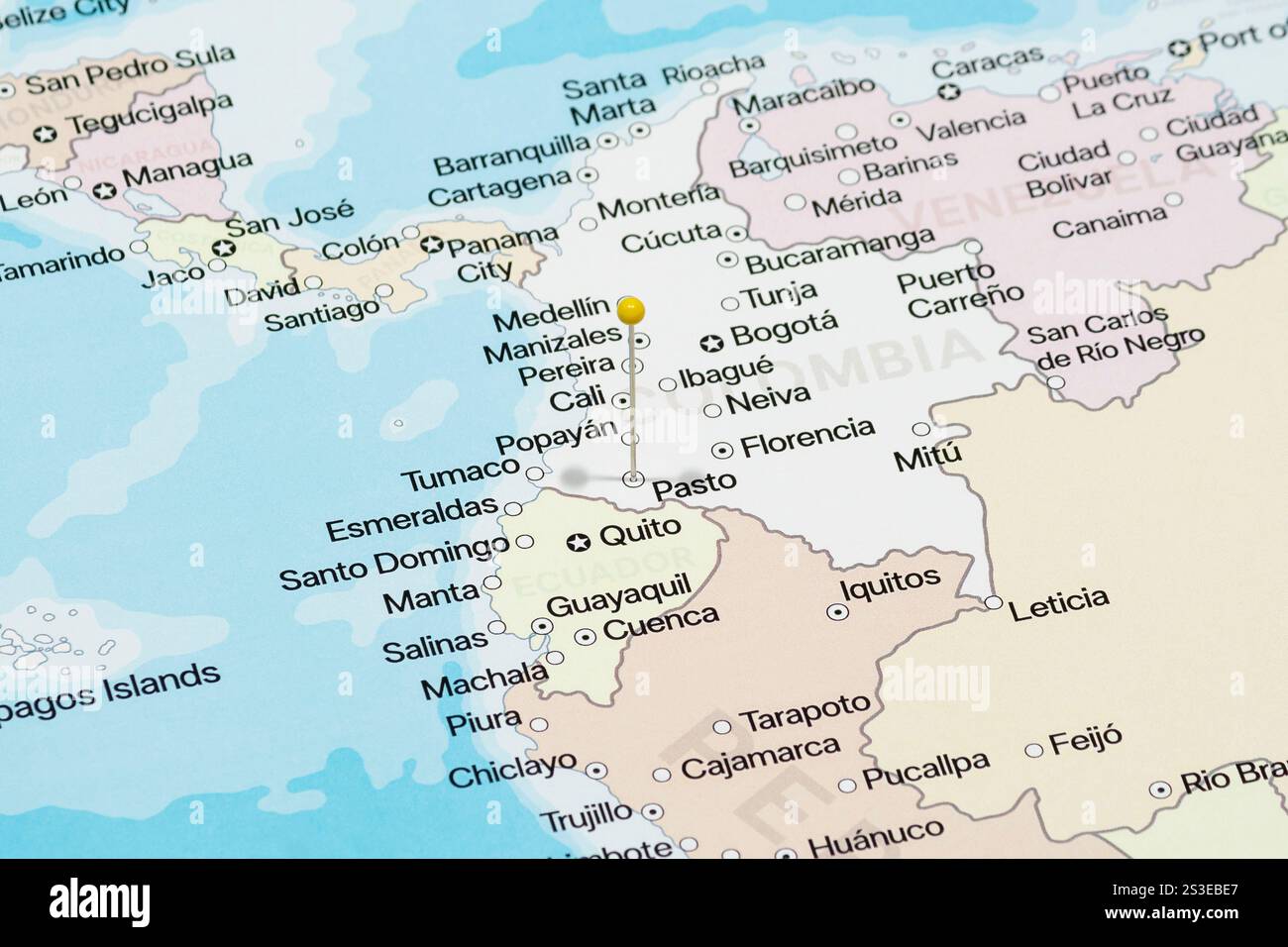 Macro photo of a yellow pin needle into Pasto city of Colombia ...