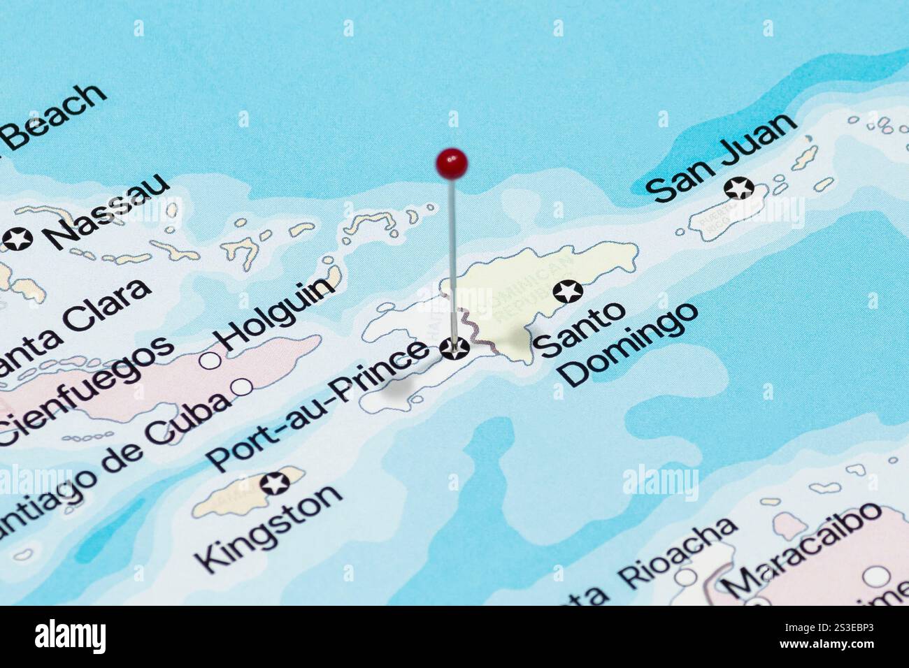 Macro photo of a red pin needle into Port-au-Prince city of Haiti ...