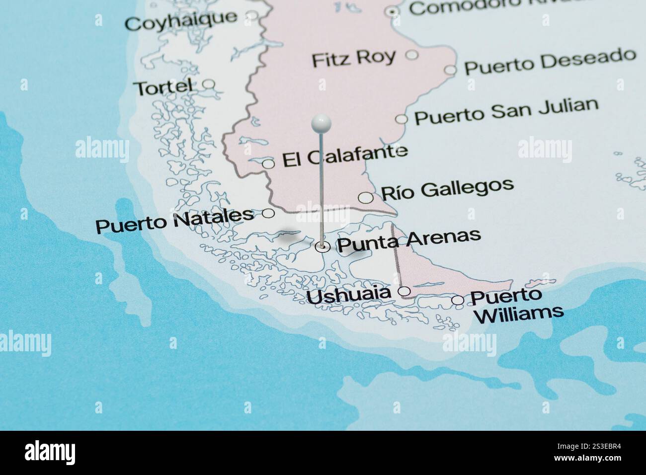 Macro photo of a white pin needle into Punta Arenas city of Chile ...