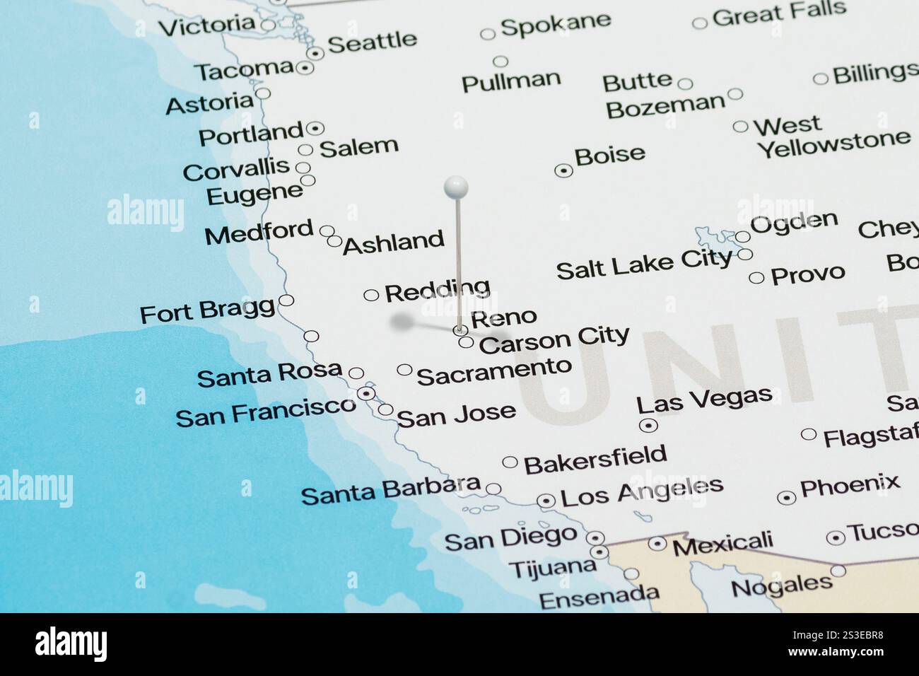 Macro photo of white pin needle into Reno city of United States of ...