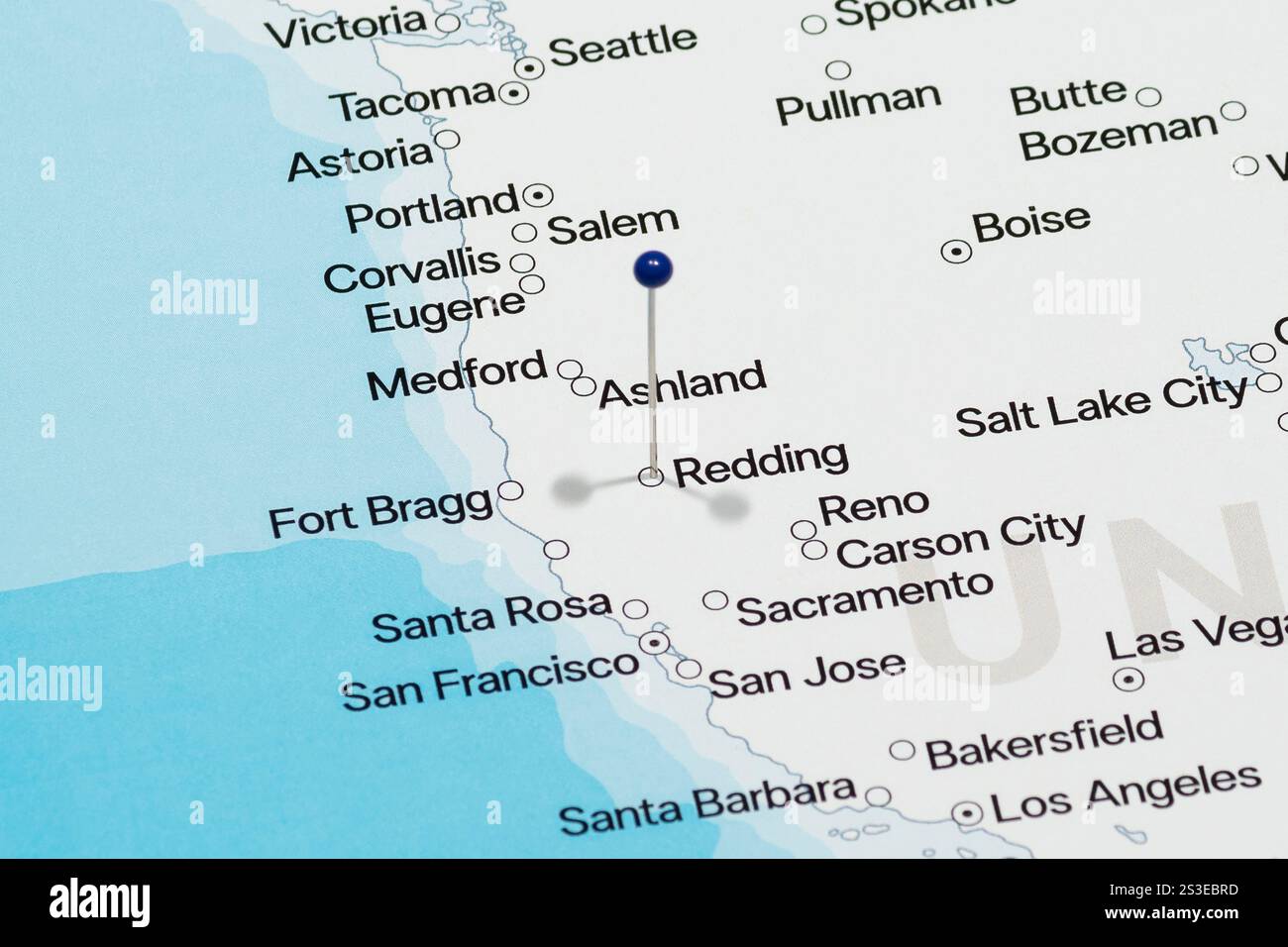 Macro photo of blue pin needle into Redding city of United States of ...