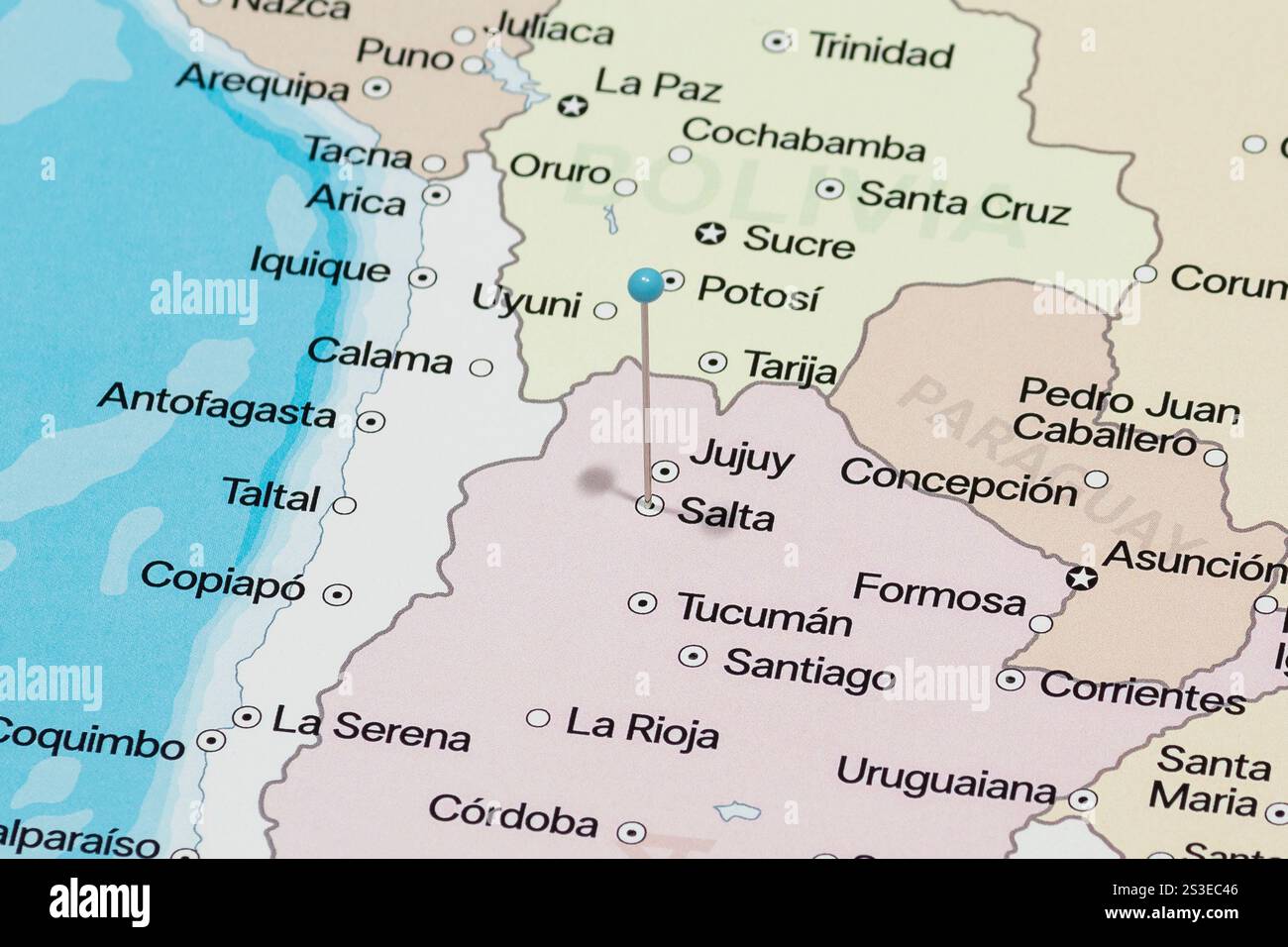 Macro photo of a light blue pin needle into Salta city of Argentina ...