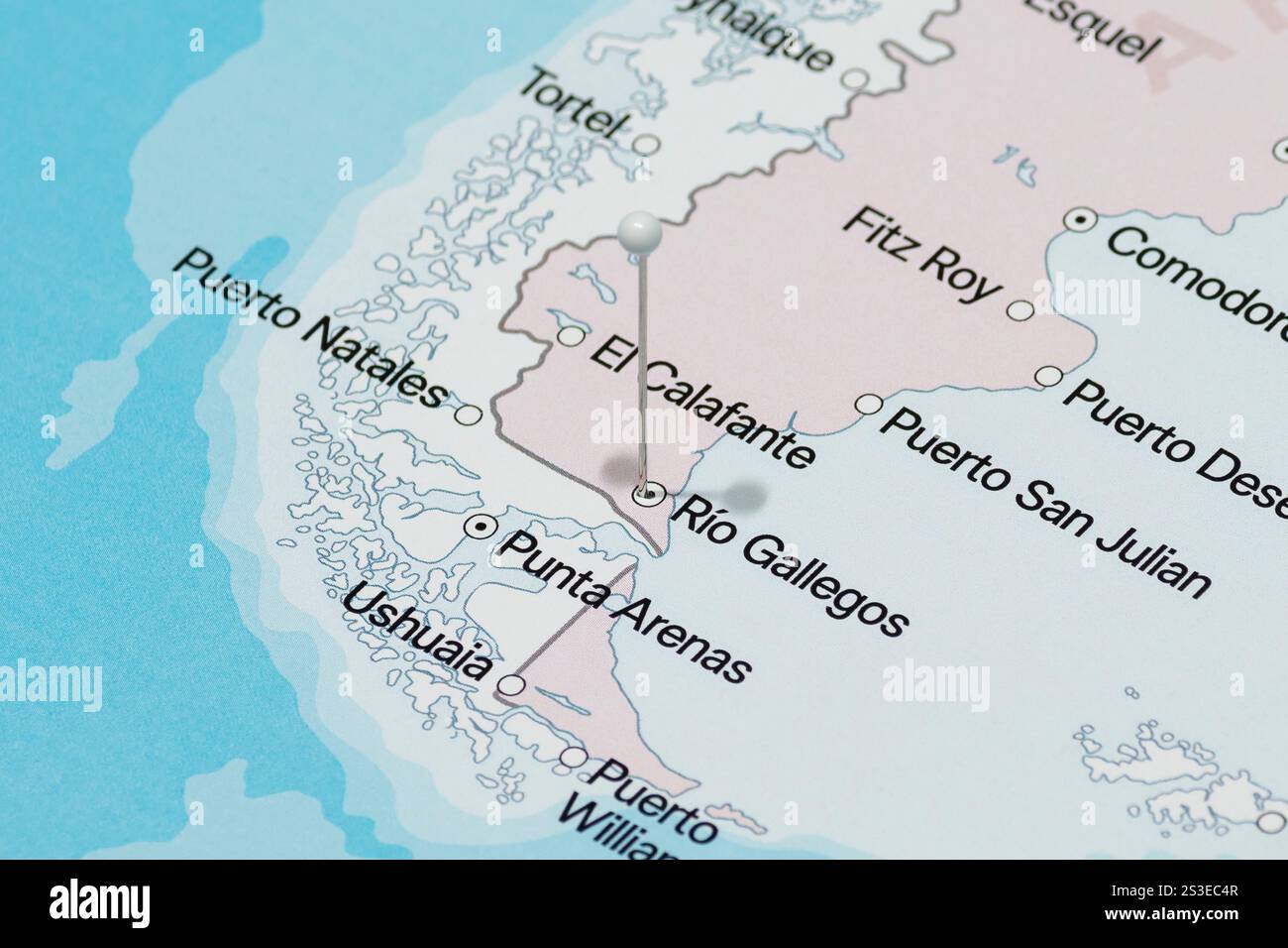 Macro photo of a white pin needle into Rio Gallegos city of argentina ...