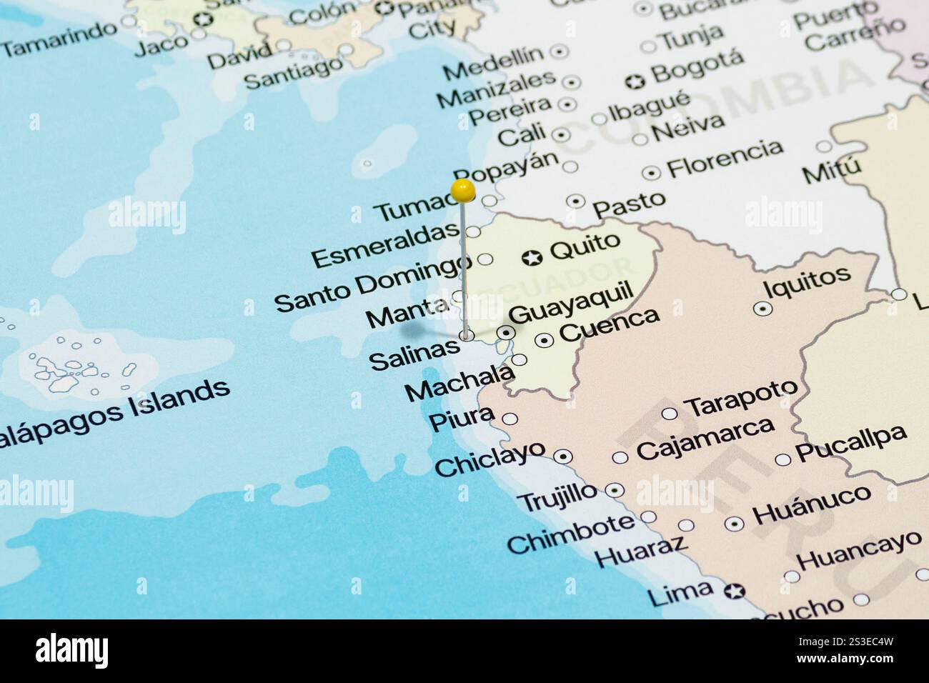 Macro photo of a yellow pin needle into Salinas city of Ecuador ...