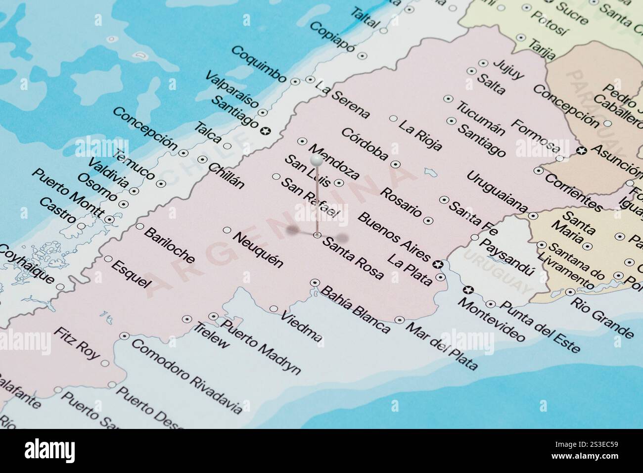 Macro photo of a white pin needle into Santa Rosa city of Argentina ...