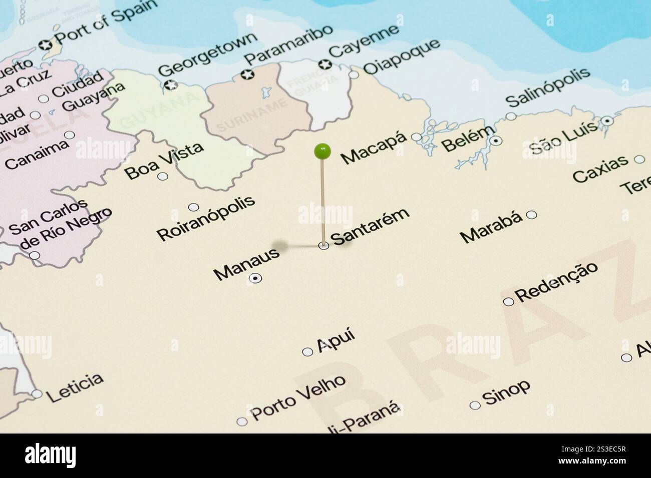 Macro photo of a green pin needle into Santarem city of Brazil ...