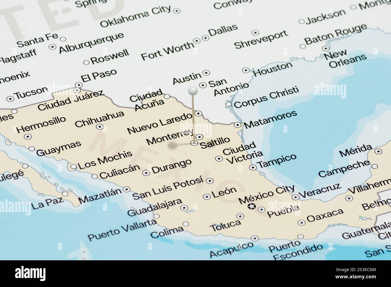 Macro photo of a white pin needle into Saltillo city of Mexico ...