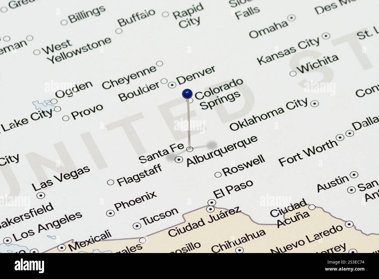 Macro photo of a blue pin needle into Santa Fe city of United States of ...