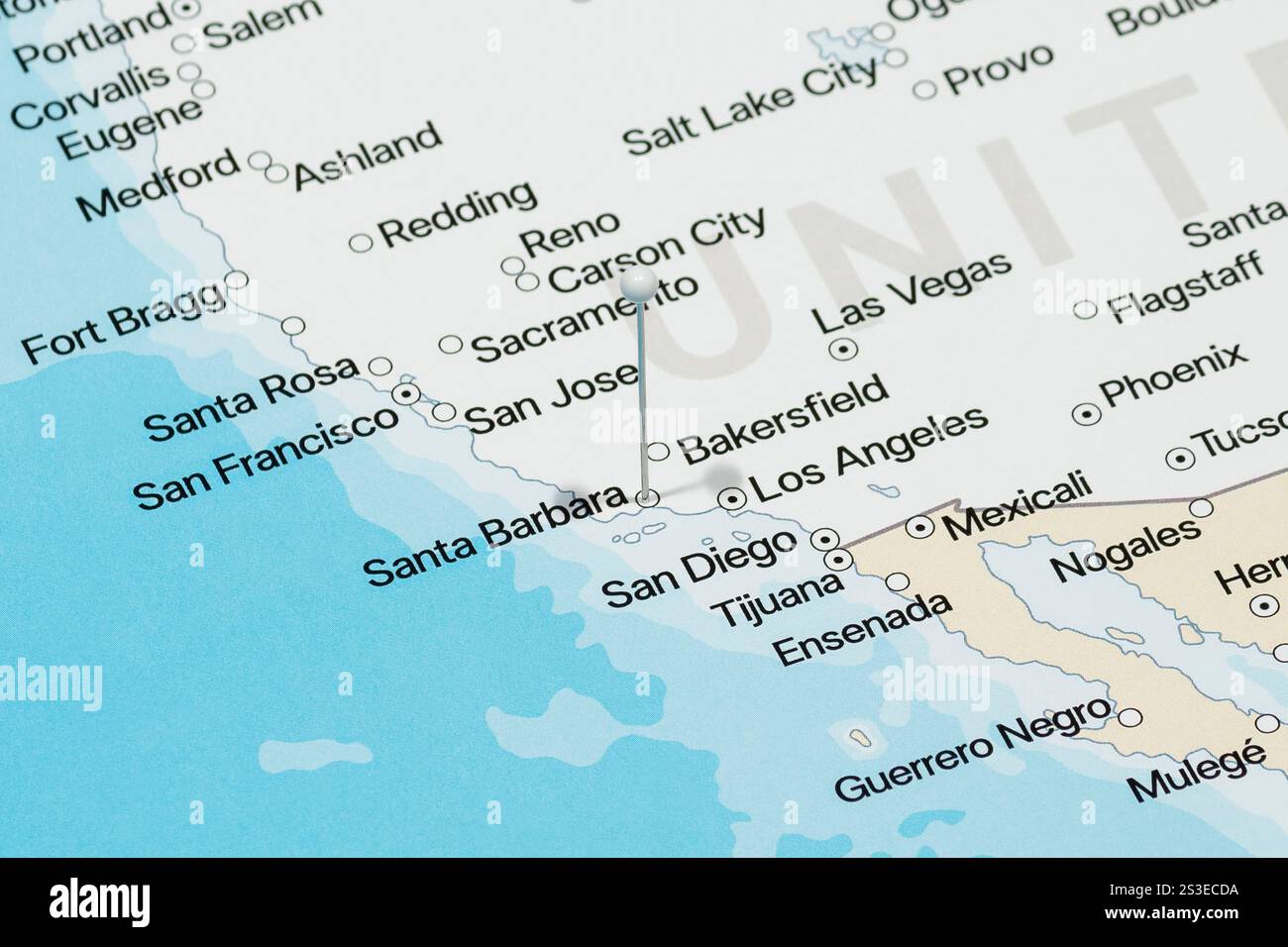 Macro photo of a white pin needle into Santa Barbara city of United ...