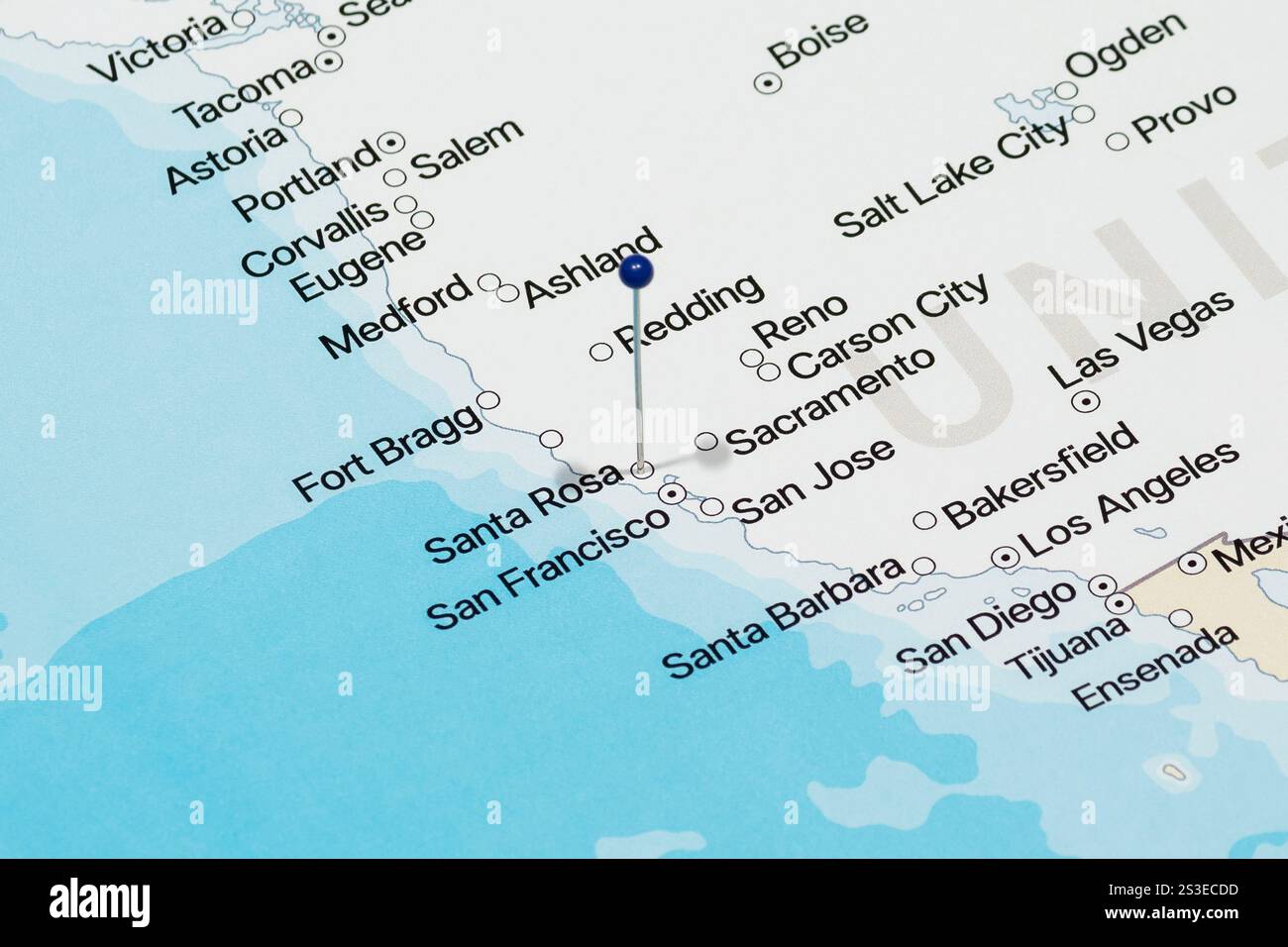 Macro photo of a blue pin needle into Santa Rosa city of United States ...