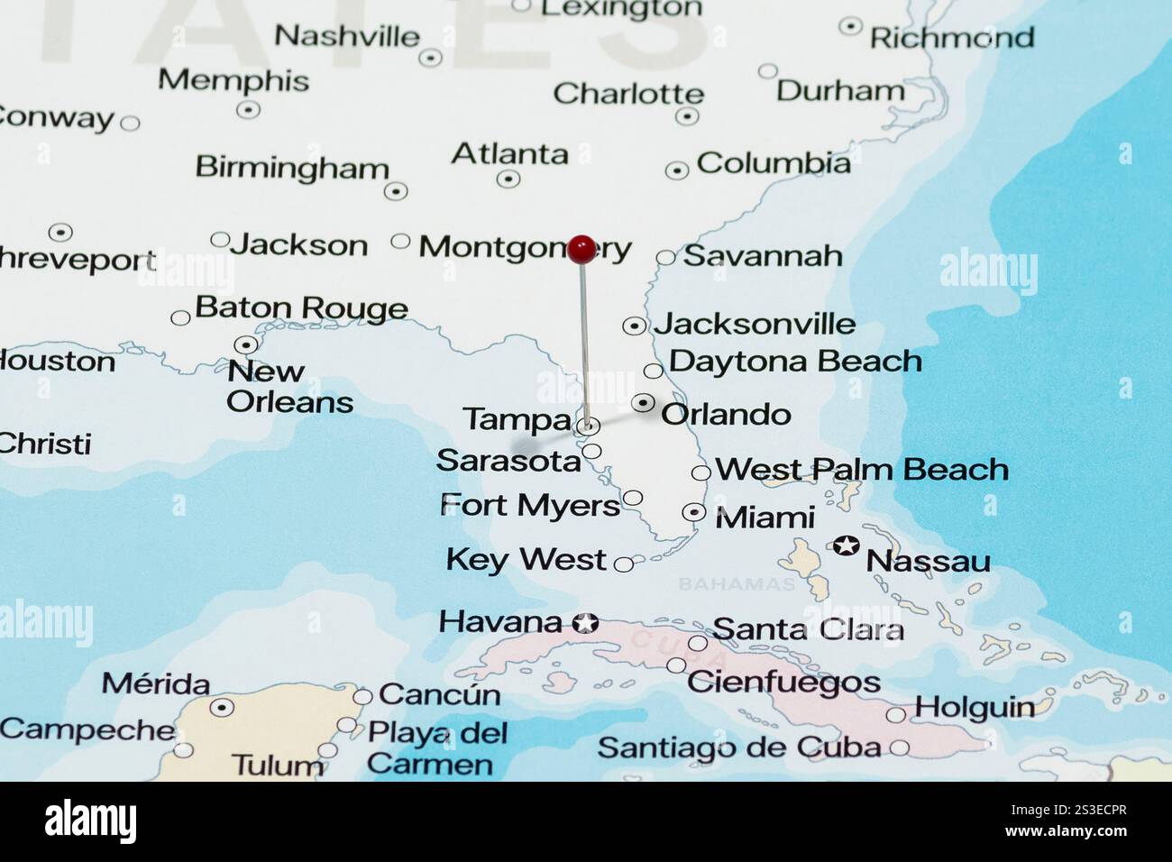 Macro photo of a red pin needle into Tampa city of United States of ...