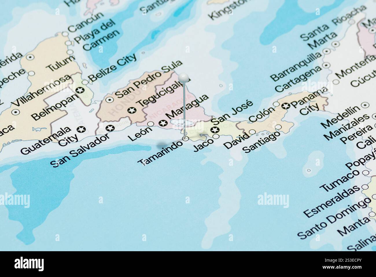 Macro photo of a white pin needle into Tamarindo city of Costa Rica ...