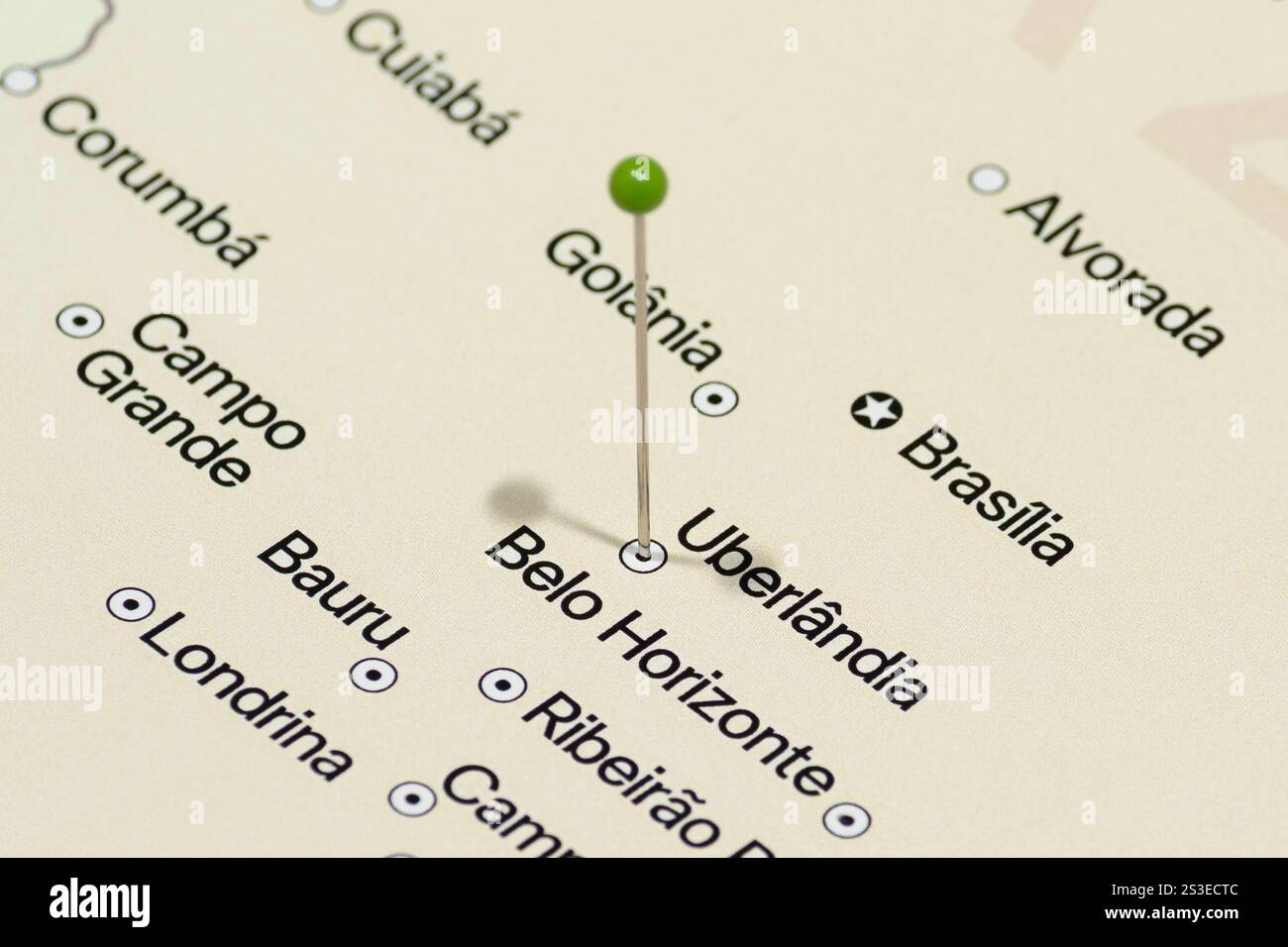 Macro photo of a Green pin needle into Uberlândia city of Brazil ...