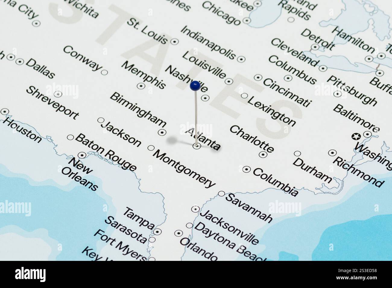 Macro photo of a blue pin needle into Atlanta city of United States of ...