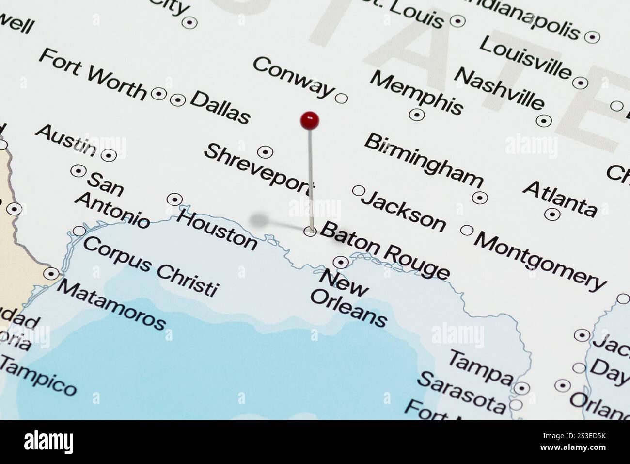 Macro photo of a red pin needle into Baton Rouge city of United States ...