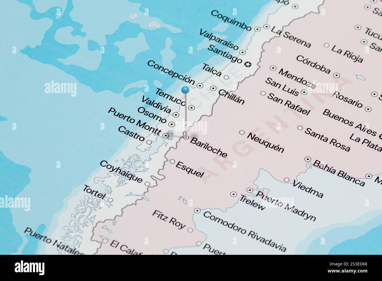 Macro photo of a light blue pin needle into Bariloche city of Argentina ...