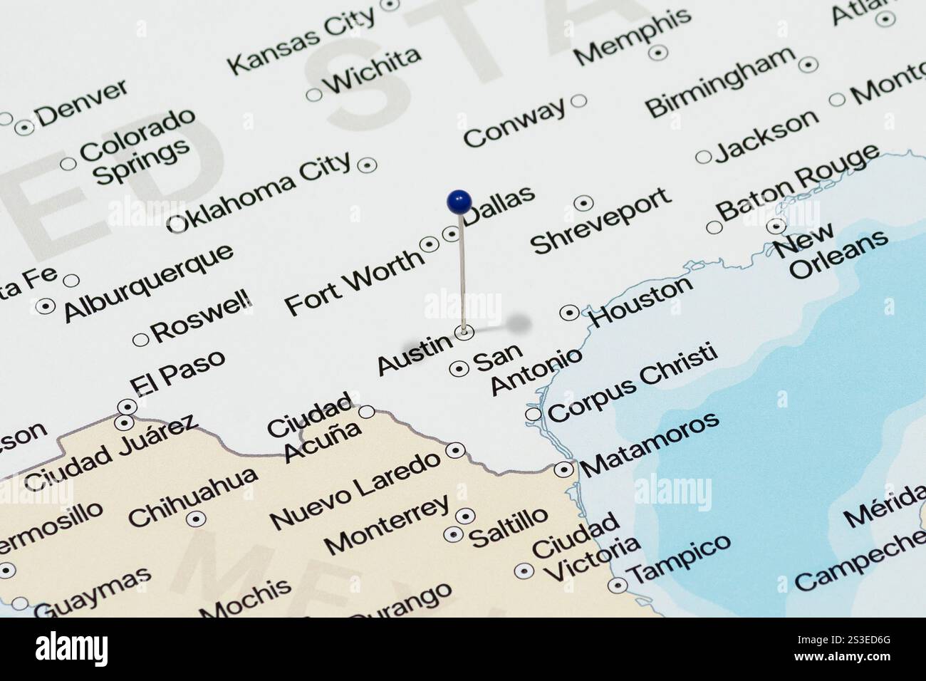 Macro photo of a blue pin needle into Austin city of United States of ...