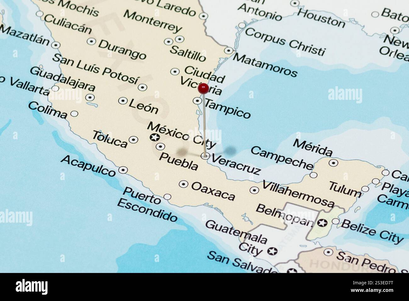 Macro photo of a red pin needle into Veracruz city of Mexico political ...
