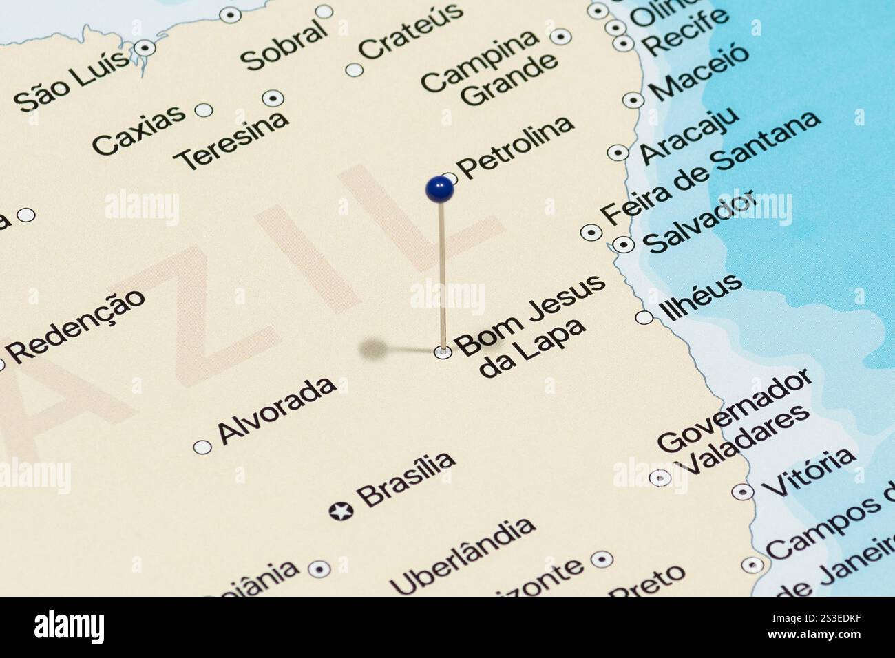 Macro photo of a blue pin needle into Bom Jesus da Lapa city of Brazil ...