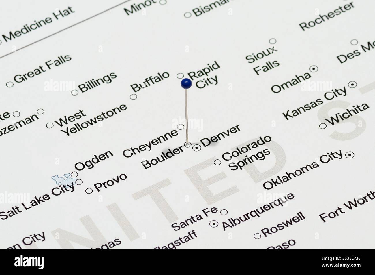 Macro photo of a blue pin needle into Boulder city of United States of ...