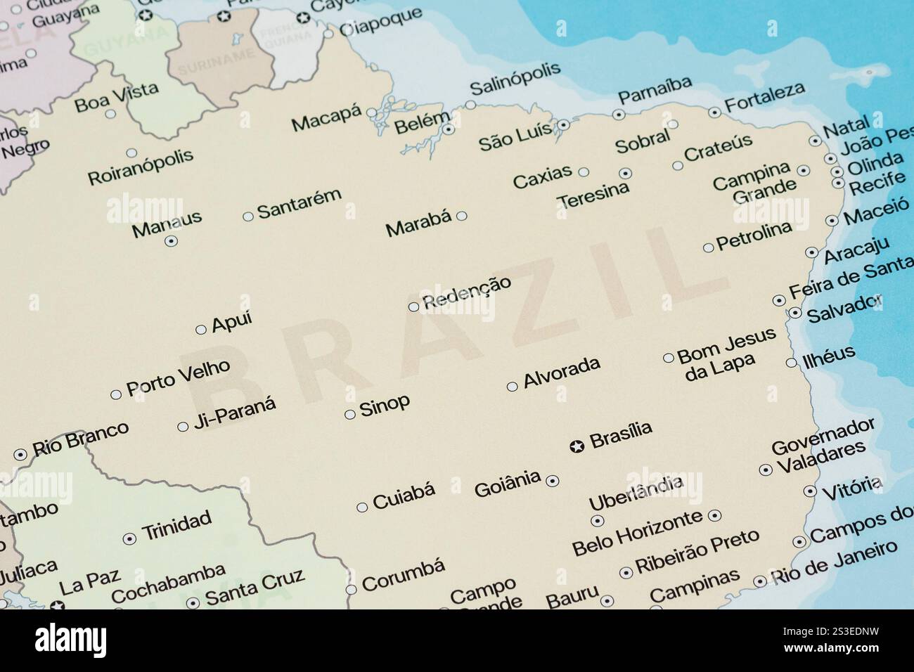 Close up to a Brazil political map with most important cities and ...