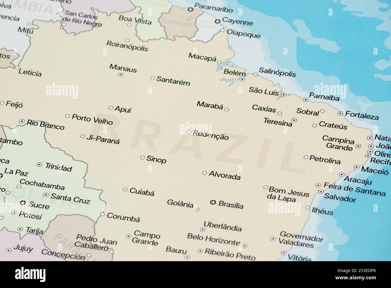 Macro photo of a Brazil political map with most important cities and ...