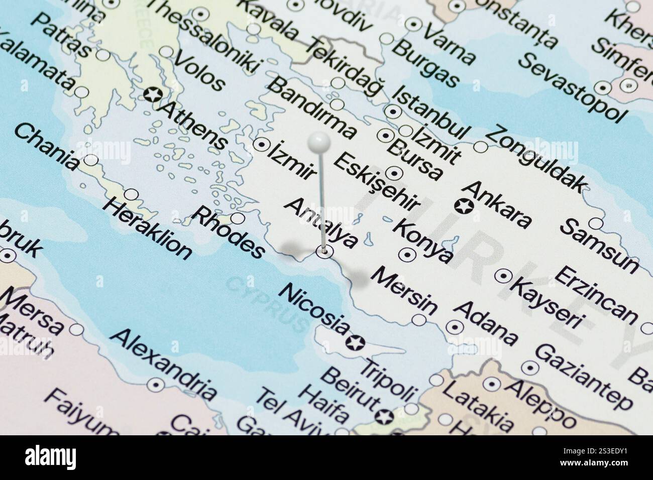 Macro photo of a white pin needle into Antalya city of Turkey political ...