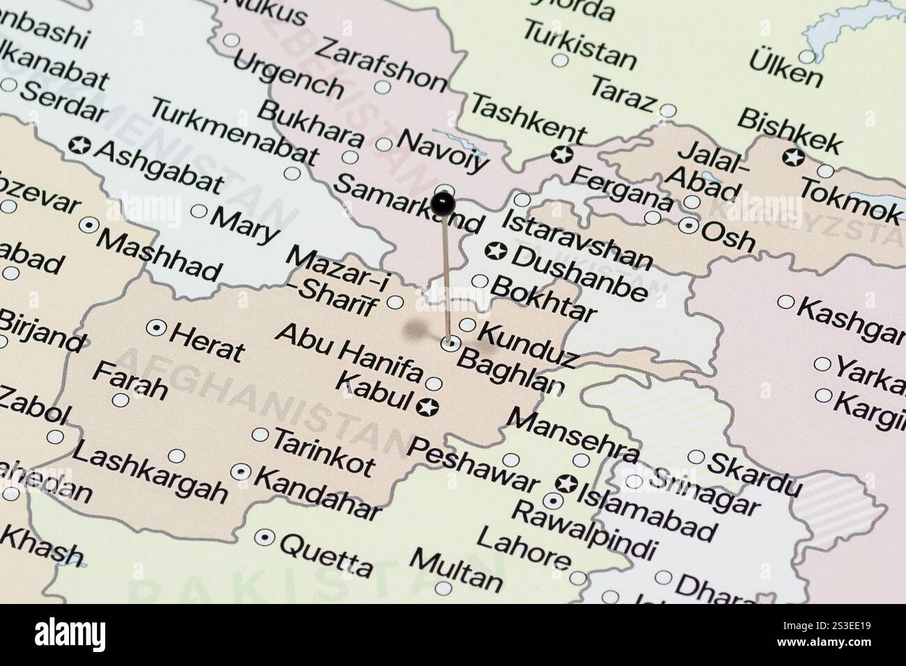 Macro photo of a black pin needle into Baghlan city of afghanistan ...