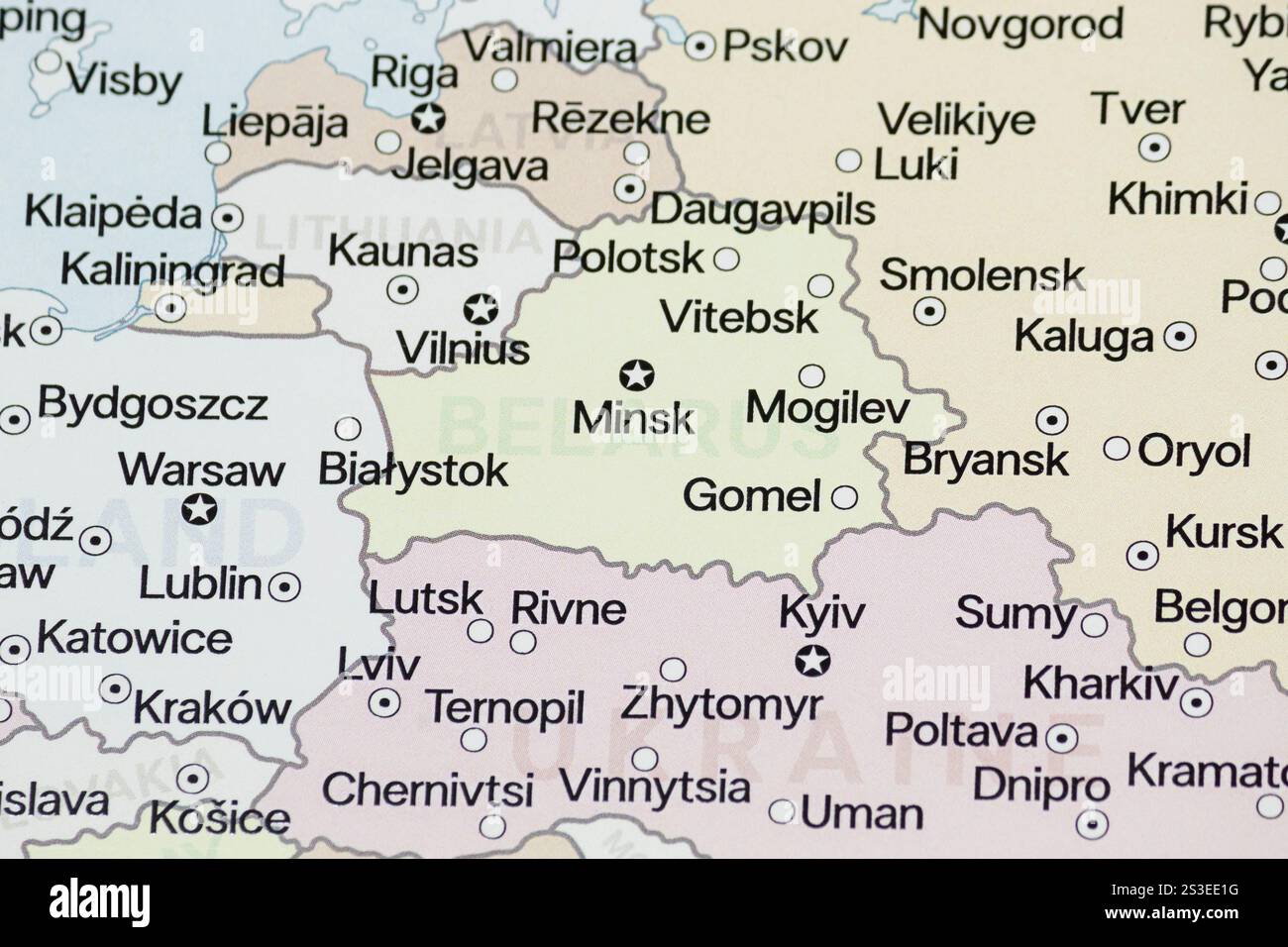 Close up to a Belarus political map with most important cities and ...