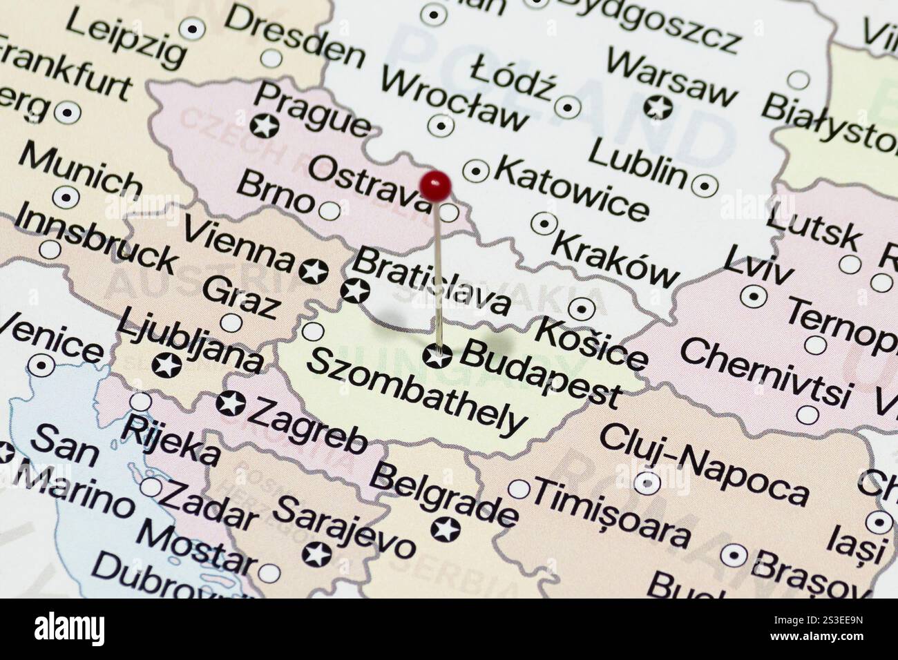 Macro photo of a red pin needle into Budapest city of Hungary political ...