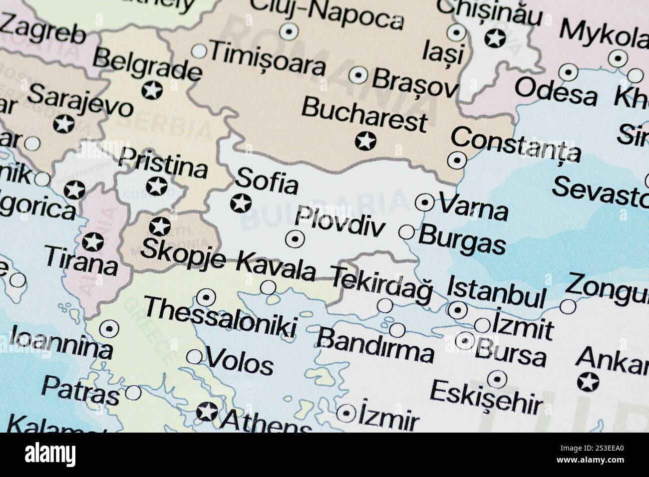 Close up to a Bulgaria political map with most important cities and ...