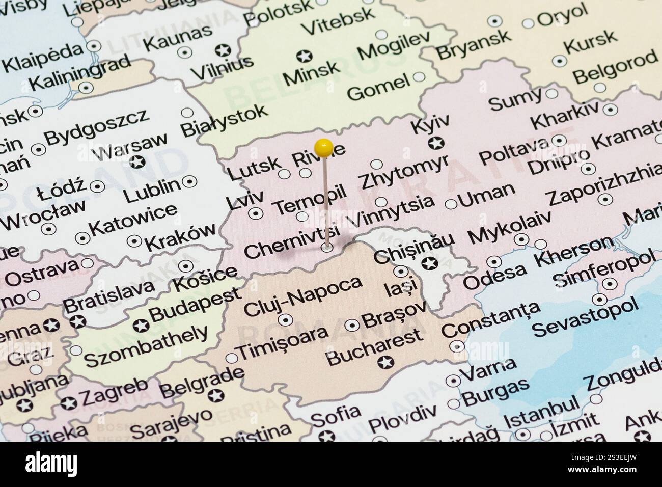 Macro photo of a yellow pin needle into Chernivtsi city of Ukraine ...