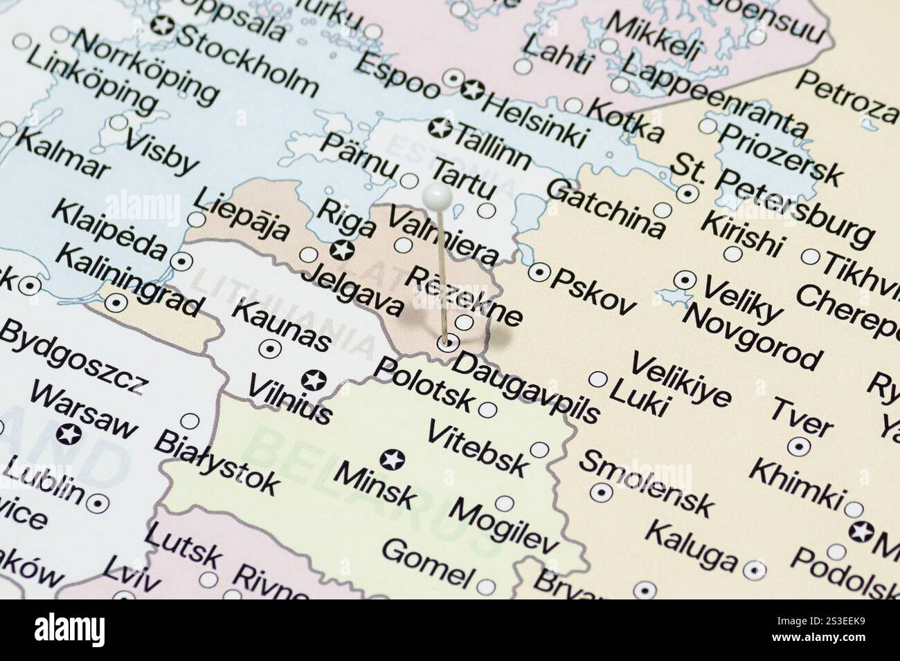 Macro photo of a white pin needle into Daugavpils city of Latvia ...