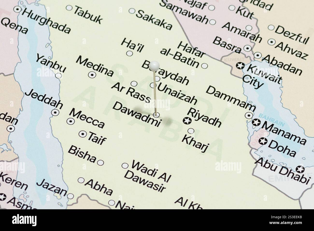 Macro photo of a white pin needle into Dawadmi city of Saudi Arabia ...