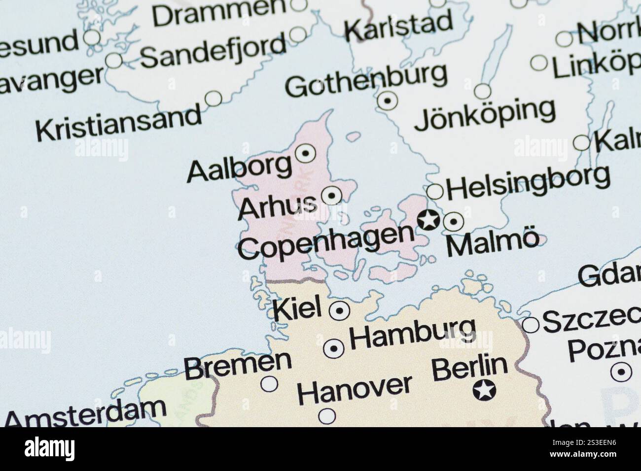 Close up to a Denmark political map with most important cities and ...