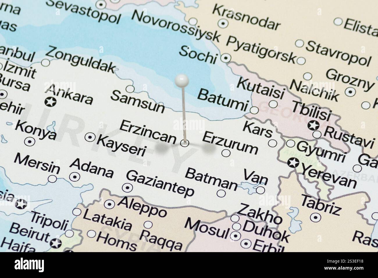 Macro photo of a white pin needle into Erzincan city of Turkey ...