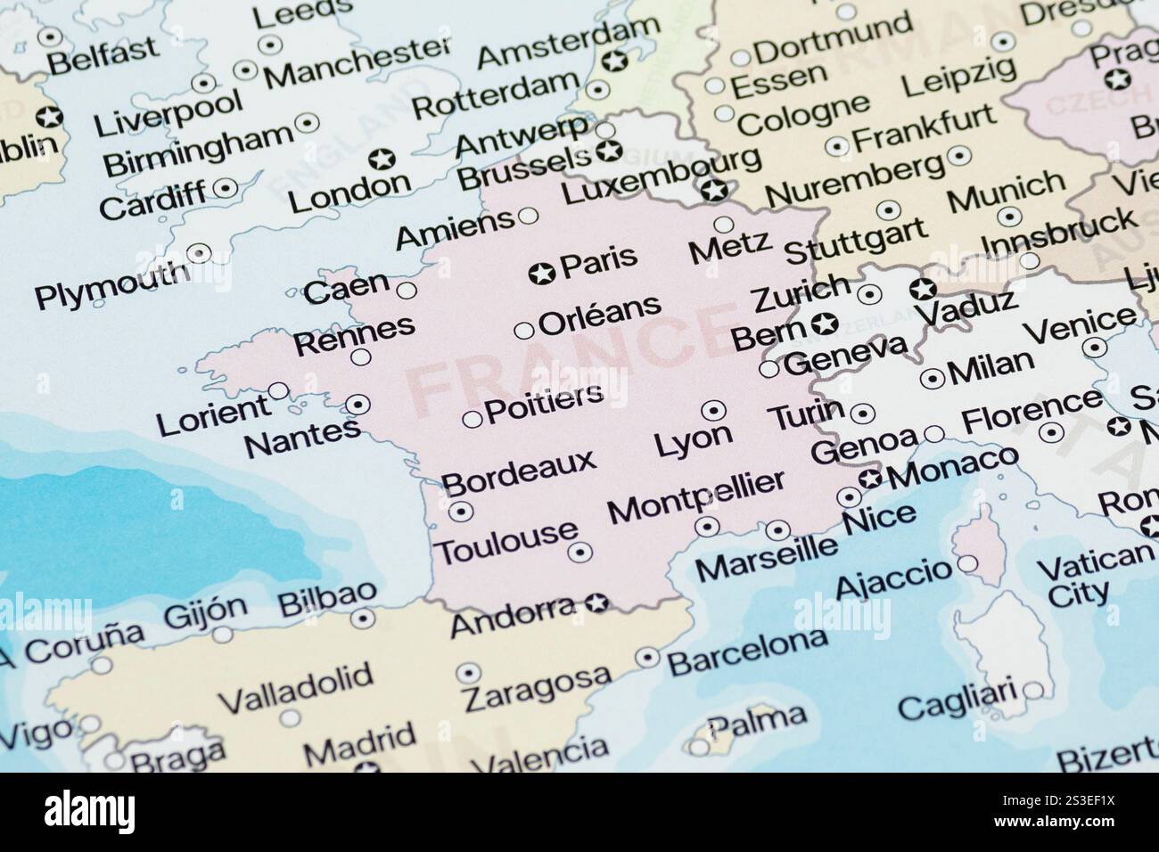 Close up to a France political map with most important cities and ...