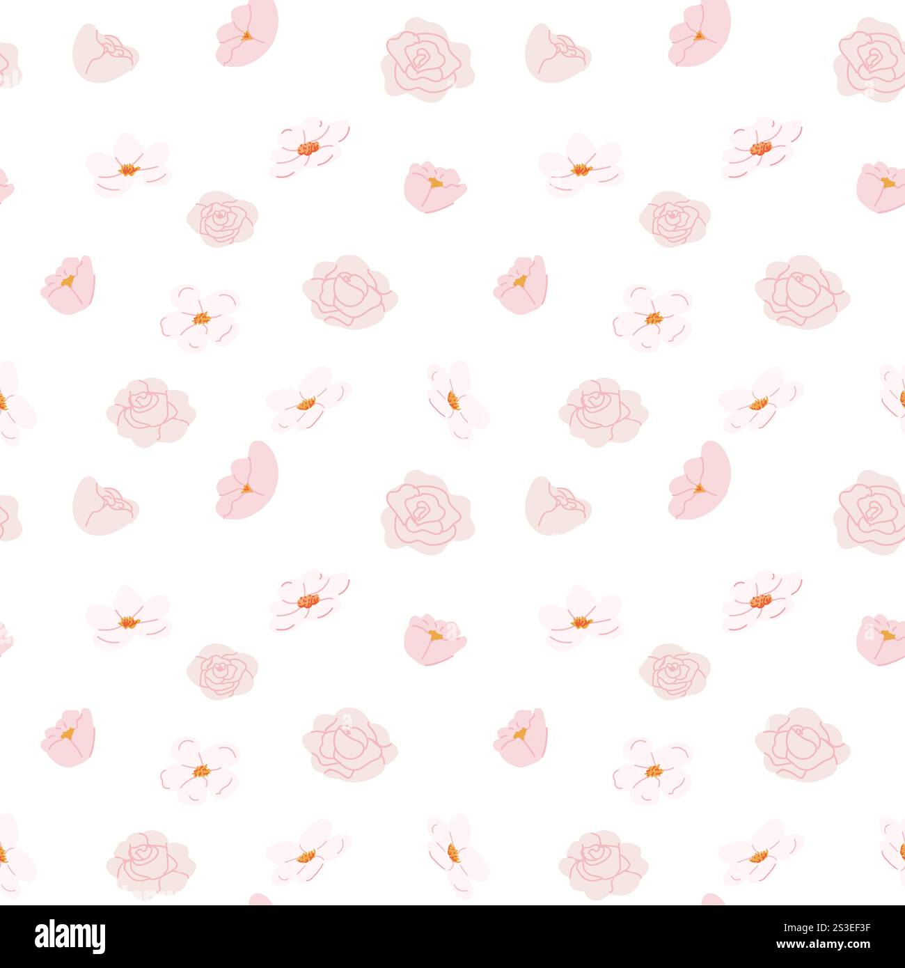 Pink floral pattern with roses and blossoms on white background Stock ...